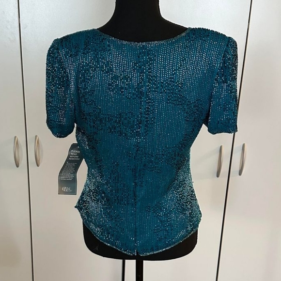 Scala | Tops | Scala Stunning Vintage Teal Silk Beaded Top New With ...